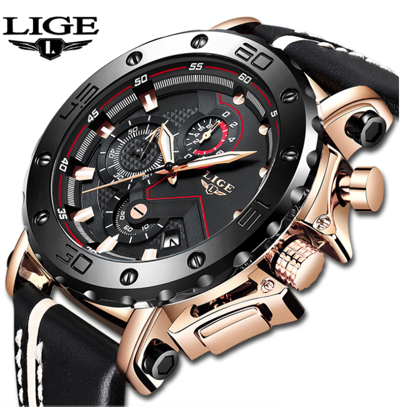 LIGE Men Casual Leather Military & Sport Quartz Multifunction Watch ...