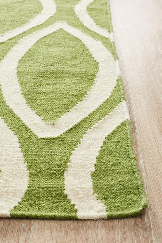 Buy Medium Green Handmade Wool Geo Flatwoven Runner Rug - 300X80cm ...