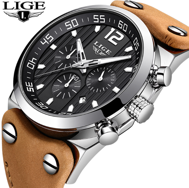 LIGE Men’s Luxury Stylish Quartz Leather Multifunction Chronograph WR ...