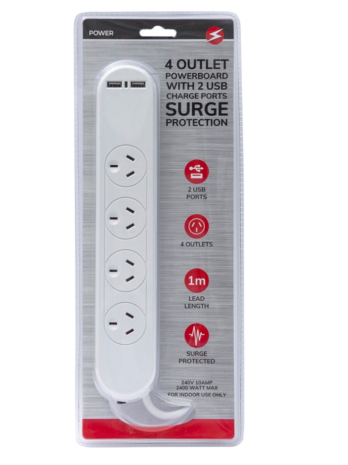 Buy 4 Way Outlet Power Board Socket with 2 USB 1M Surge Protection SAA ...