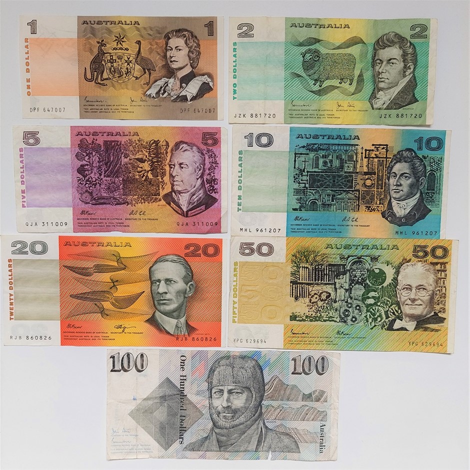 Complete Set of Australian Paper Banknotes $1, $2, $5, $10, $20, $50 ...