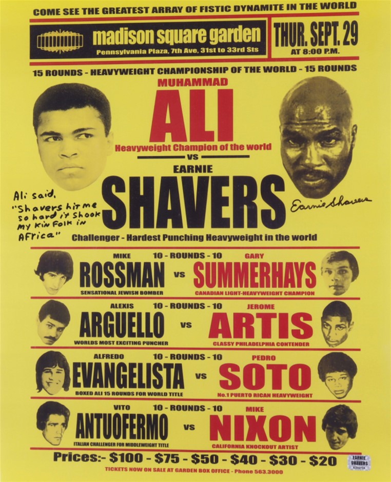 Signed and inscribed Muhammad Ali and Shavers large fight poster ...