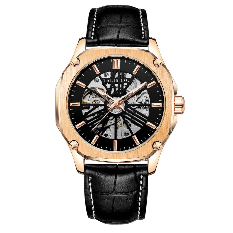 Men’S Talis Co 9185 Automatic Skeleton Watch Black Dial Gold Colour ...