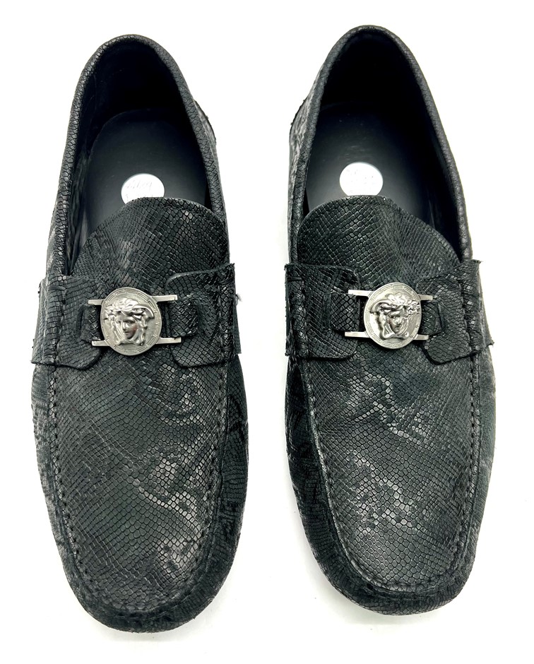 Versace python print leather loafers with medusa head grey metal emblem ...