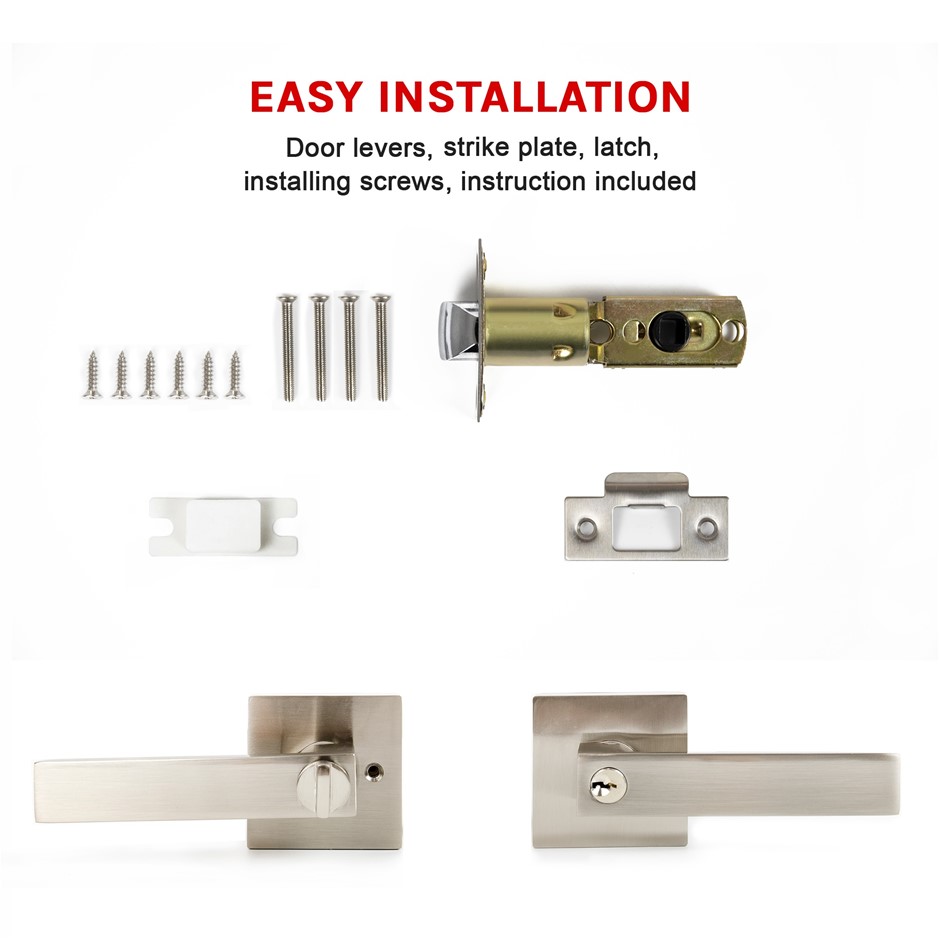 Buy Door Handle Set Lever Lock Function Square Satin Nickel | Grays ...