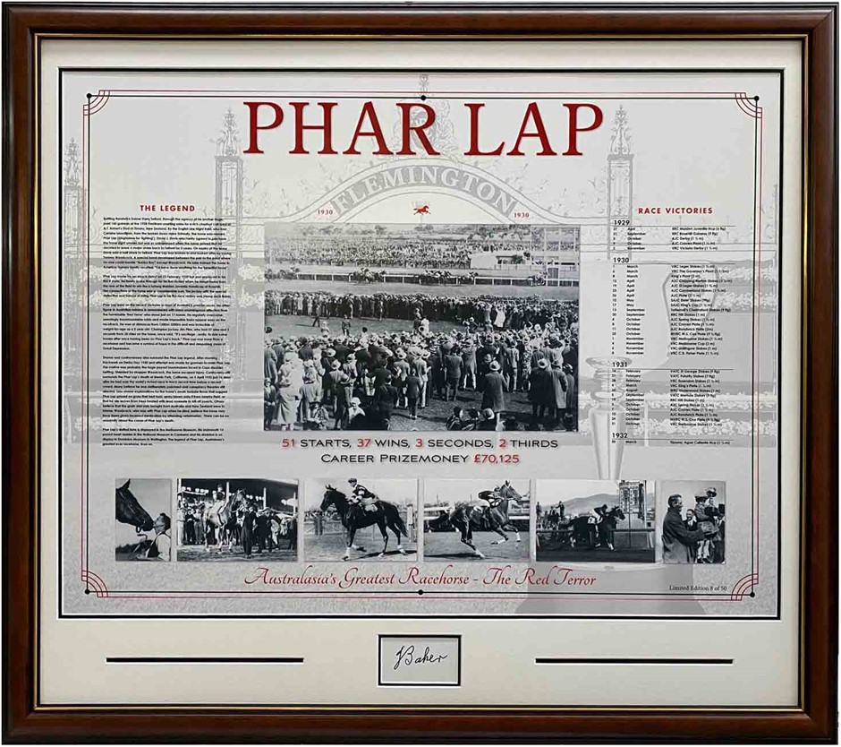 RARE Phar Lap Hand Signed Career Tribute Framed with COA Auction (0021-2186934) | Grays Australia