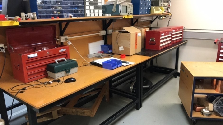 2 work benched with overhead shelf lighting and power Auction (2153 ...