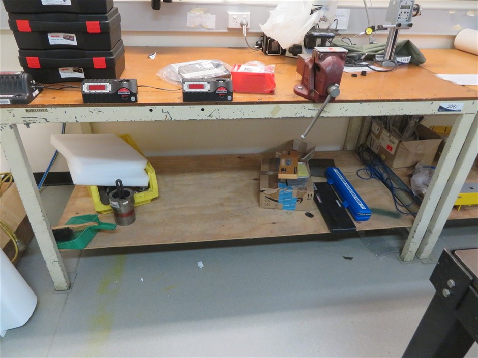 Work bench Steel frame, timber bench top, with under storage ...