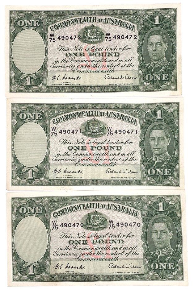 Consecutive Pair 1952 'W/75' One Pound Australian Banknotes ...