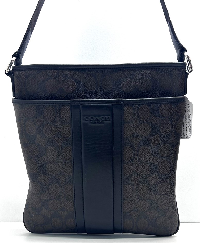 Coach Men's Signature Heritage Zip Top Dark Brown Leather Crossbody ...