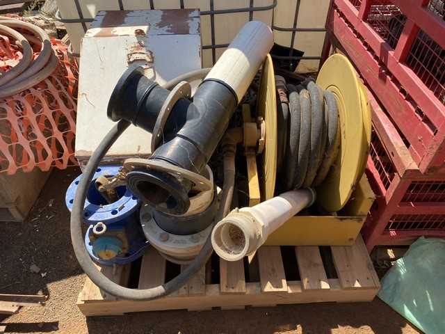 Pallet of Assorted Hose Reel, Tool Box, Load Chains and Poly “Y” Pieces ...