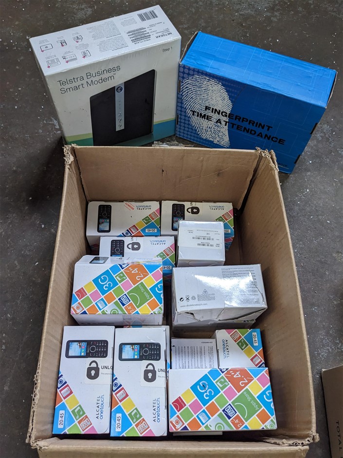 Box Of Alcatel Mobile Phones, Telstra Business Modem and Fingerprint ...