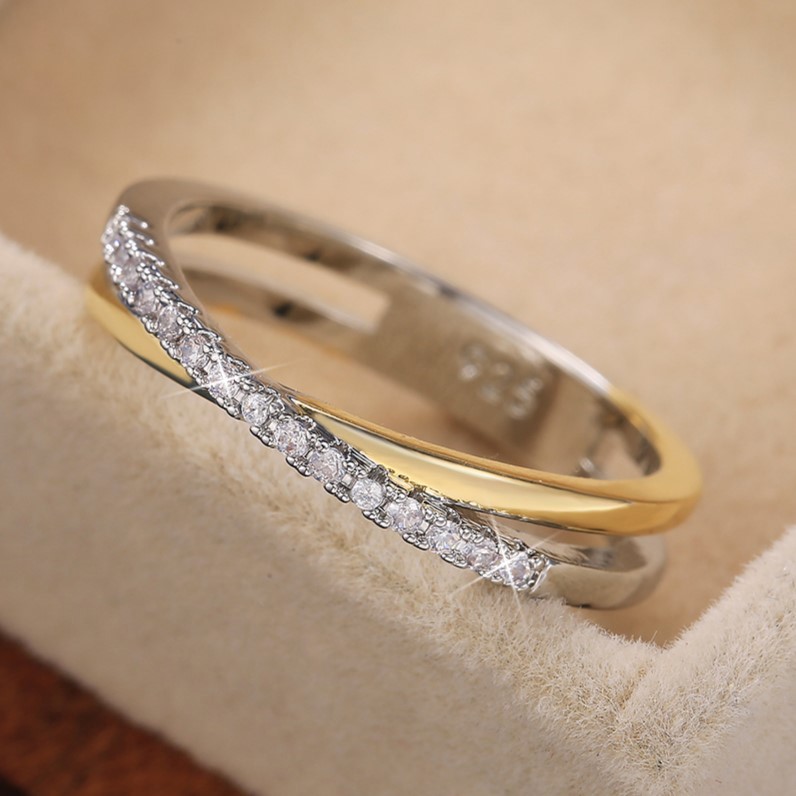 Simulated Diamond 2 Tone Statement Crossover Ring in Gold & Silver Auction (0102-2557140 ...