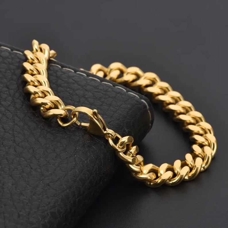 18K Yellow Gold Plated 8MM 19 cm Cuban Chain Bracelet Auction (0003 ...