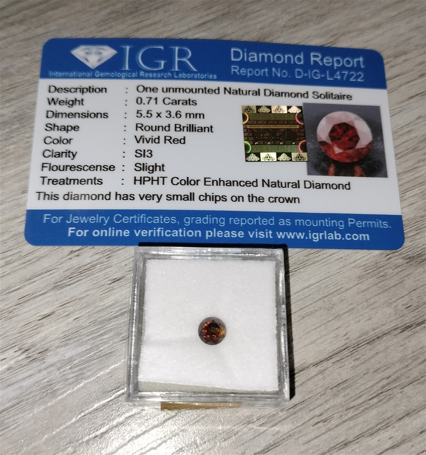 0.71ct - Vivid Red Diamond -Round Brilliant Cut - SI3 Auction (0001 ...