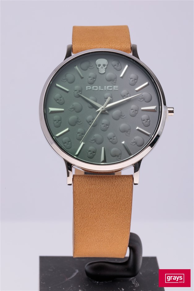 POLICE - TASMAN GREY SKULL DIAL WITH TAN LEATHER STRAP Auction (1495 ...