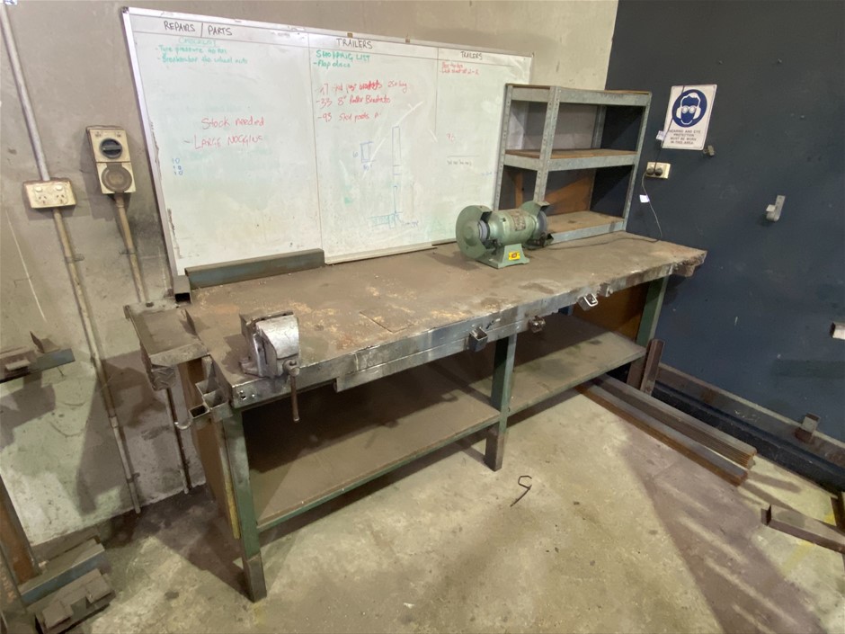 Steel Work Bench, Vice, Bench Grinder, Small Shelf, and Whiteboard ...