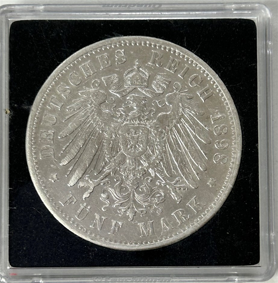 1898 German 5 Marks 92.5% Silver Coin in Plastic Capsule Auction (0089 ...