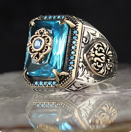 Sultan Hand Engraved Pattern Turkish Signet Ring in Aquamarine blue ...