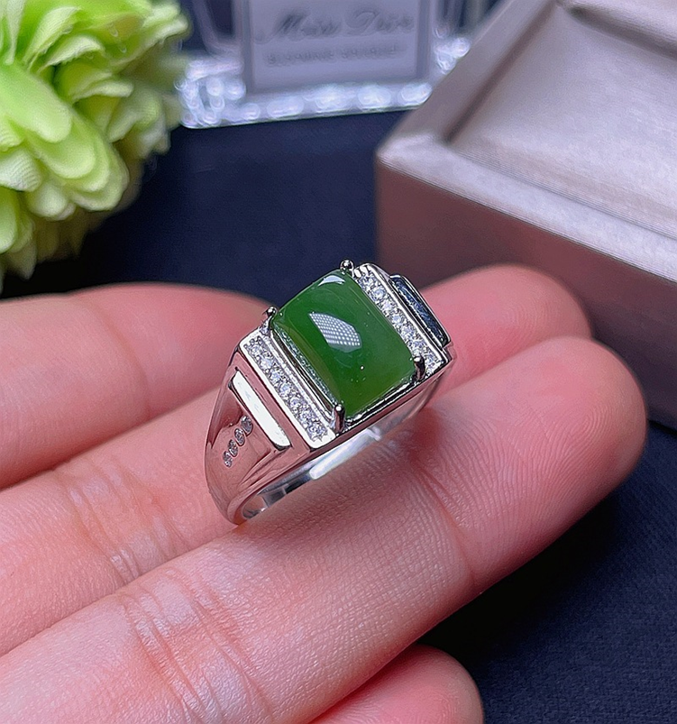 18k White Gold 7*9mm natural Jade adjustable rings Auction (0004 ...