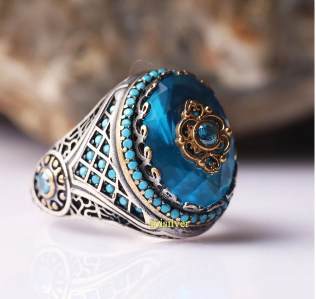 Turkish Royal Ring for Men In Silver with Blue Stone handmade Auction ...
