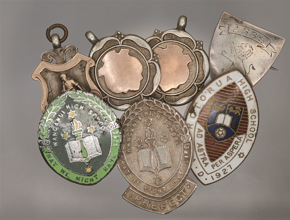 7 x NZ assorted. High School medals/badges. Auction (0479-5058031 ...