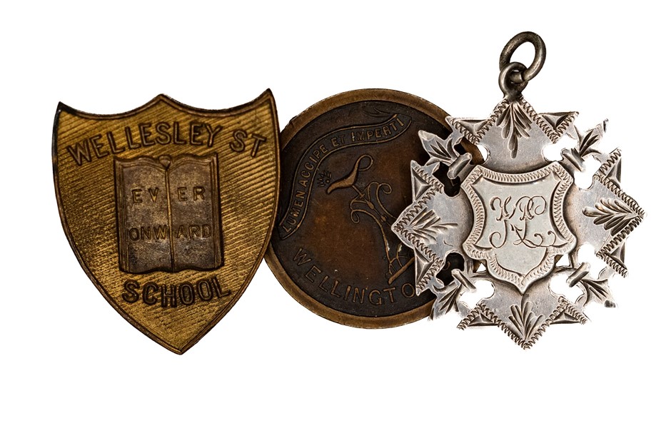 3 x NZ assorted medals/badges incl.1935 Wellington College bronze medal ...