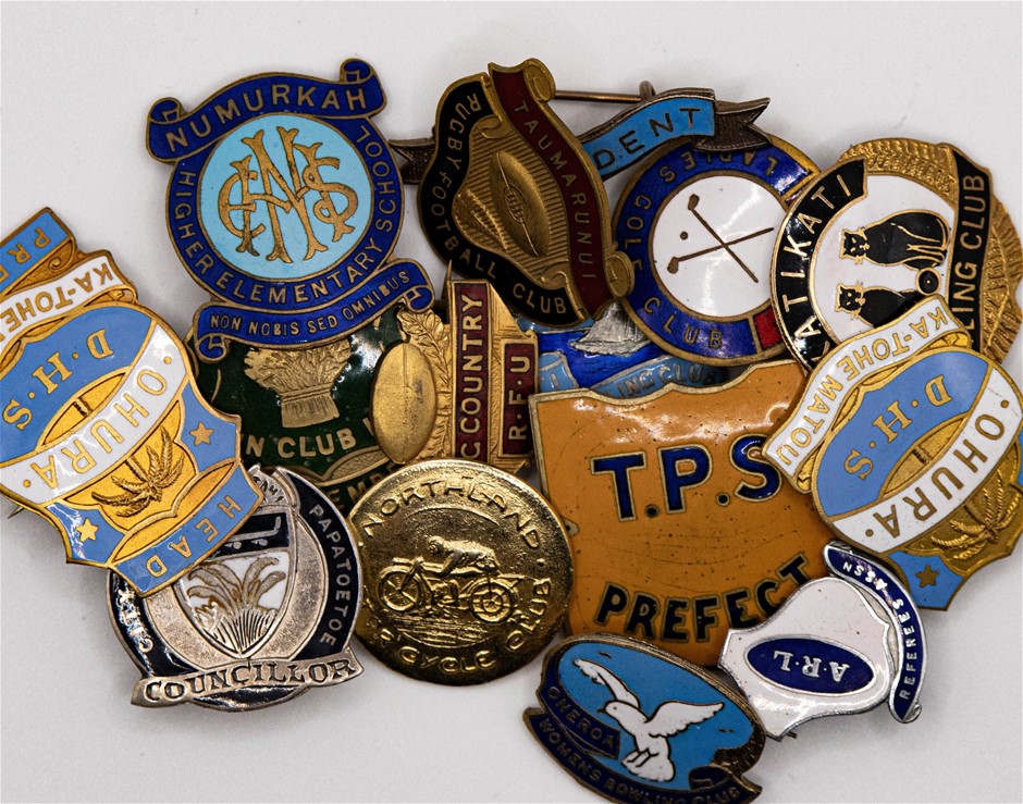 Approx. 14 x NZ assorted gilt & enamel badges w/ pin-back C:1940's ...