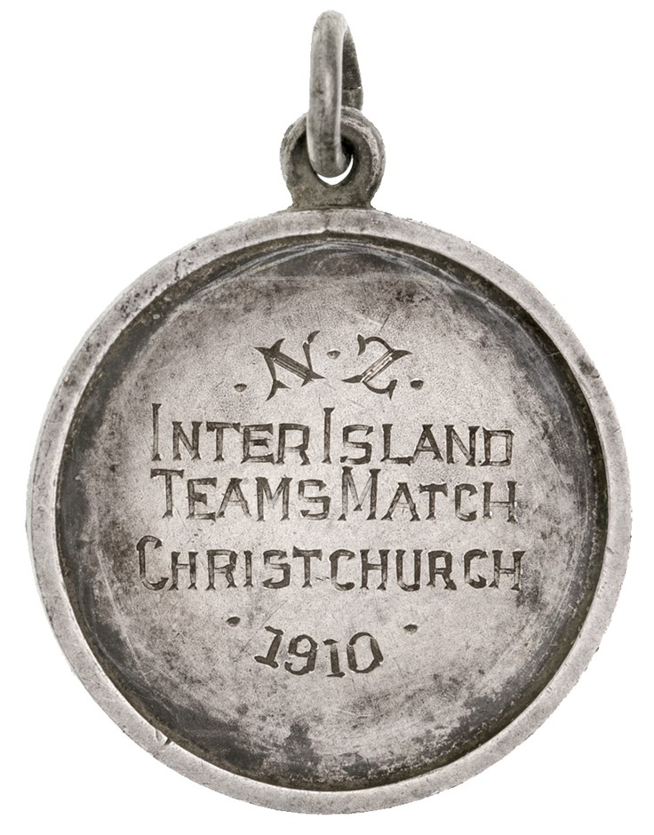 N.Z. Inter Island Teams Match, Christchurch, 1910, inscribed fob medal ...
