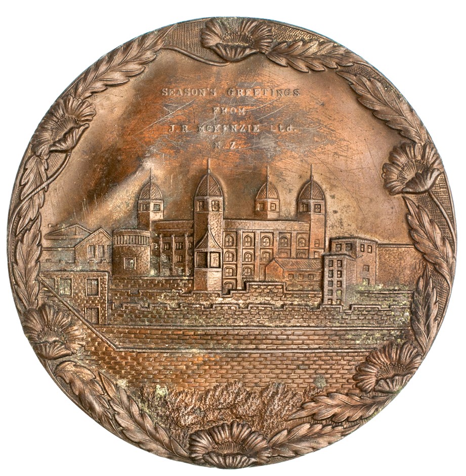 JR McKenzie Ltd uniface die struck tin plate historic walled building ...