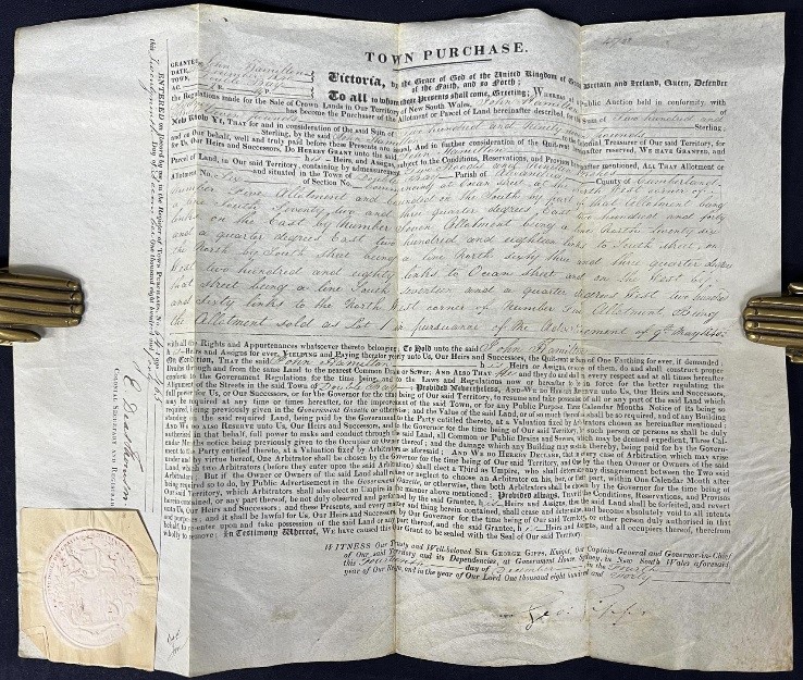 1840 LAND GRANT FOR DOUBLE BAY, HAND SIGNED BY GOVERNOR GIPPS, ROYAL ...