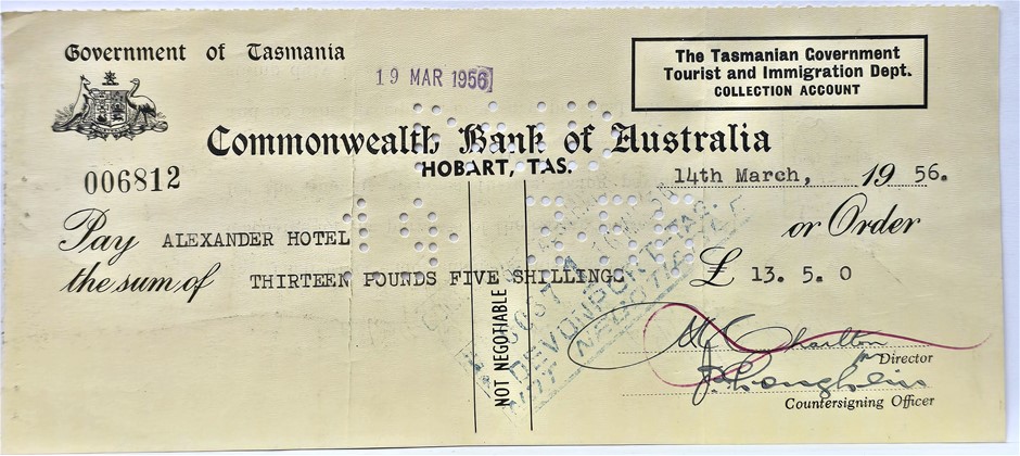 COMMONWEALTH BANK OF AUSTRALIA - TASMANIA CHEQUE Auction (0011-2563436 ...