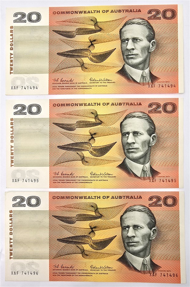 CONSECUTIVE RUN OF THREE 1966 COMMONWEALTH OF AUSTRALIA $20 BANKNOTES ...