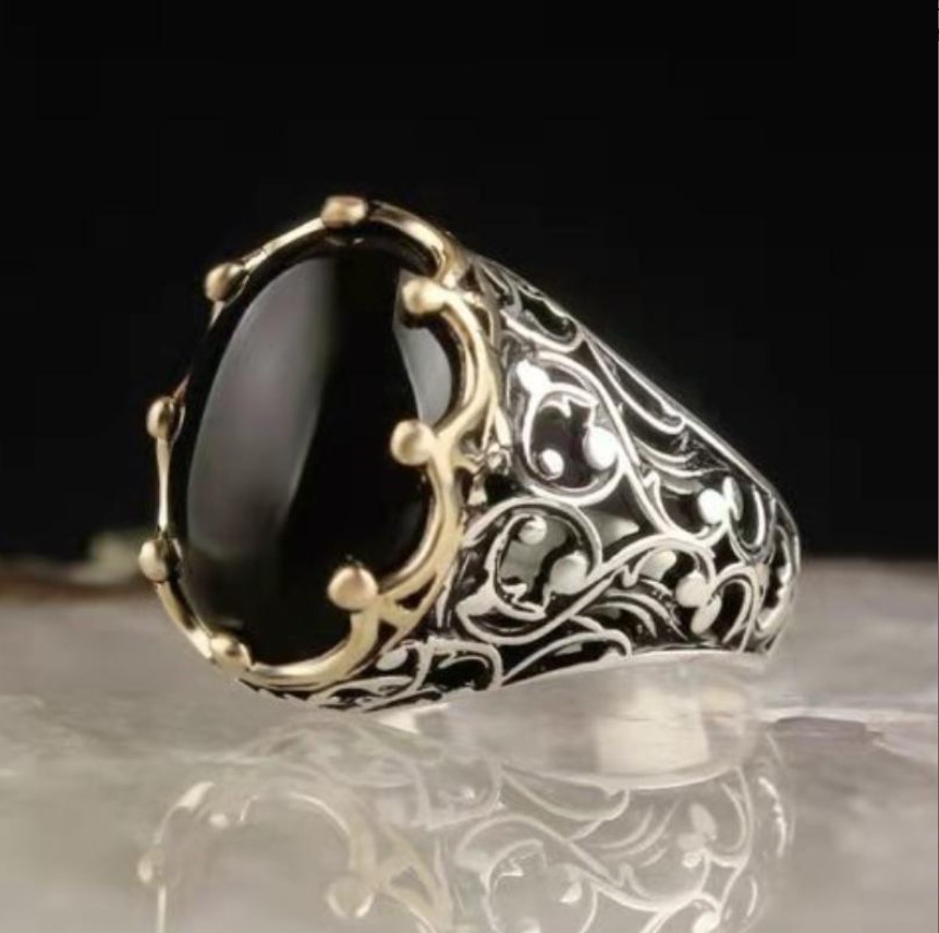 Turkish Crown Signet Ring in Silver and gold with Inlaid Black Onyx ...