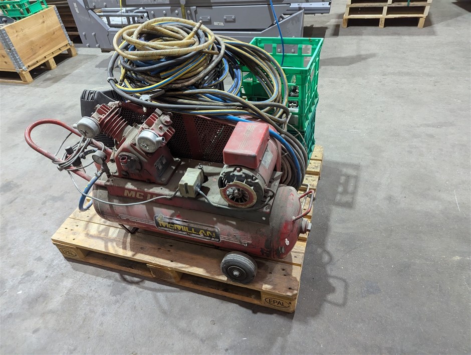 Air compressors, hose reel, and pallet of pneumatic fittings Auction ...