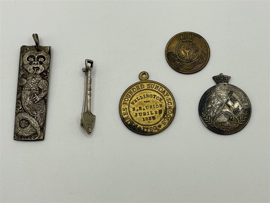 5 x Asstd fob medals/pins incl. 1924 Kia-Ora NZ fob medal pass Auction ...