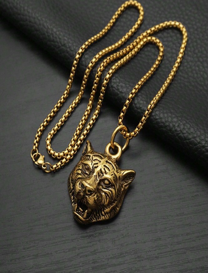 Tiger head solid 18k yellow triple gold plated w/ box chain Auction ...