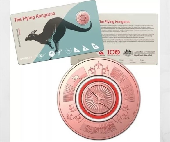 2020 $1 Copper Coin Qantas Coloured Flying Kangaroo RAM Limited Edition ...