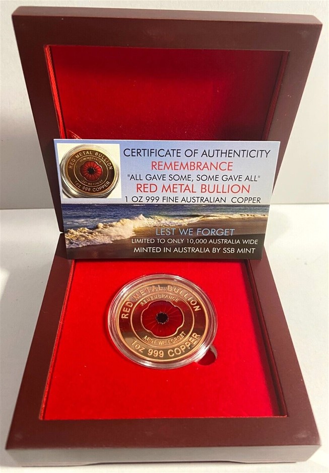 Red Poppy, Lest we Forget, Remembrance 1 OZ 999 Copper Coin and Display ...