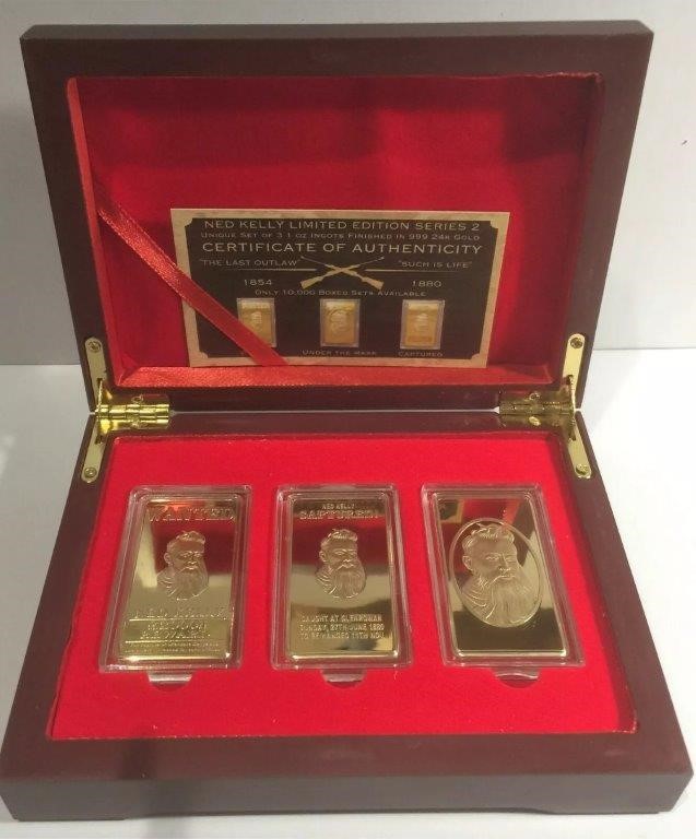 NED KELLY Set of 3 x 1oz Ingots With Box 999 24k Gold Plated Auction (0008-2565843) | Grays ...