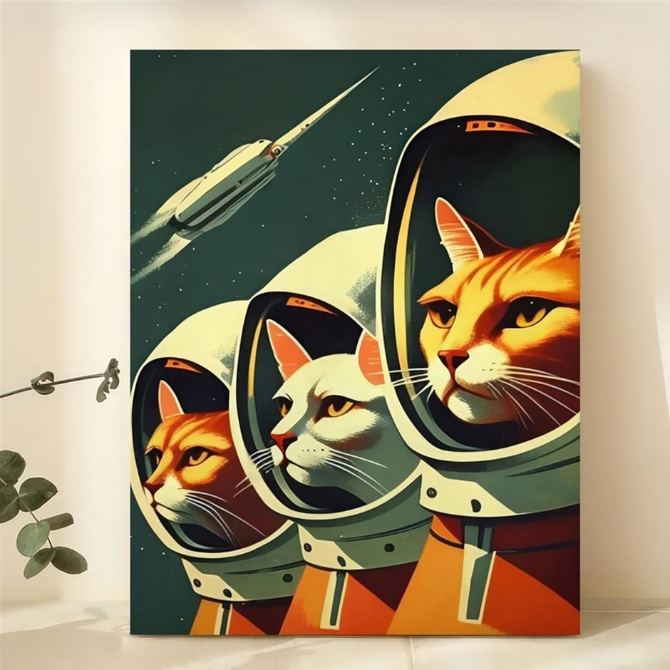 SPACE Travel Poster " THREE SPACE CATS " Canvas Print Auction (0020-2566050) | Grays Australia