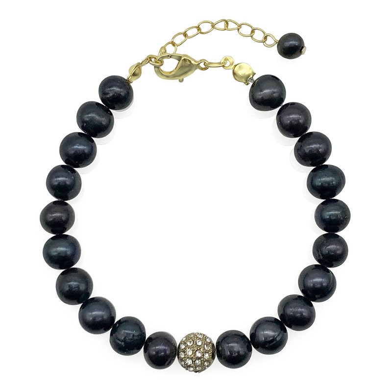 7-8mm Natural Black Freshwater Pearl & Rhinestone Real 18k Gold Plated ...