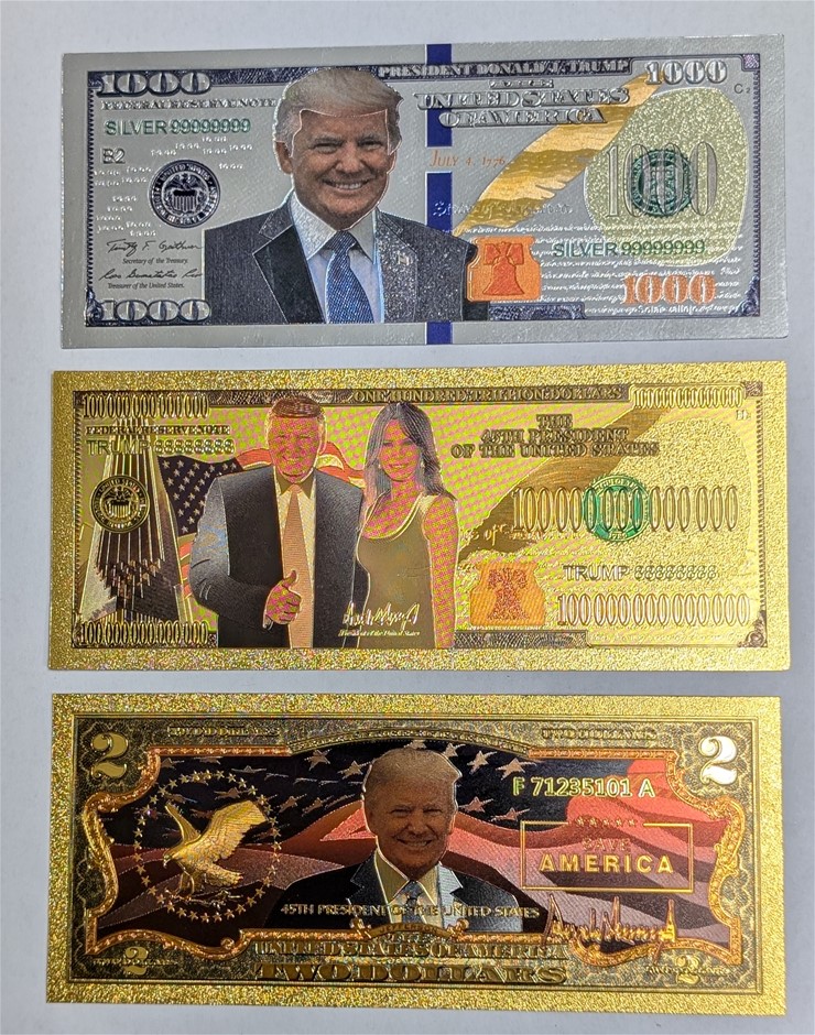 USA Three Donald Trump Gold And Silver Foil Novelty Banknotes Auction ...