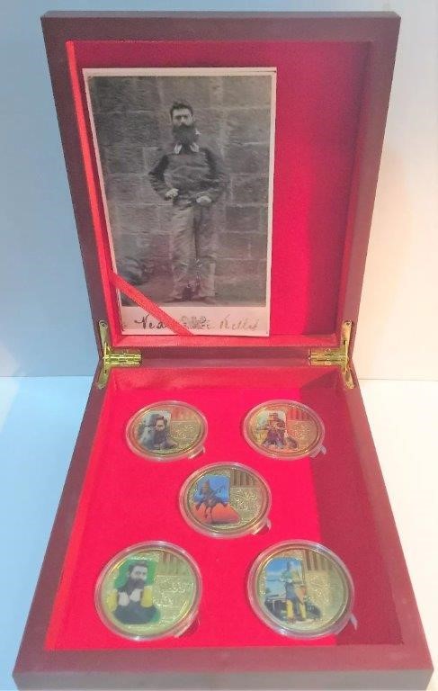 5 NED KELLY Outback Helmet Art 1oz Coins 24k 999 Gold plated in Display ...