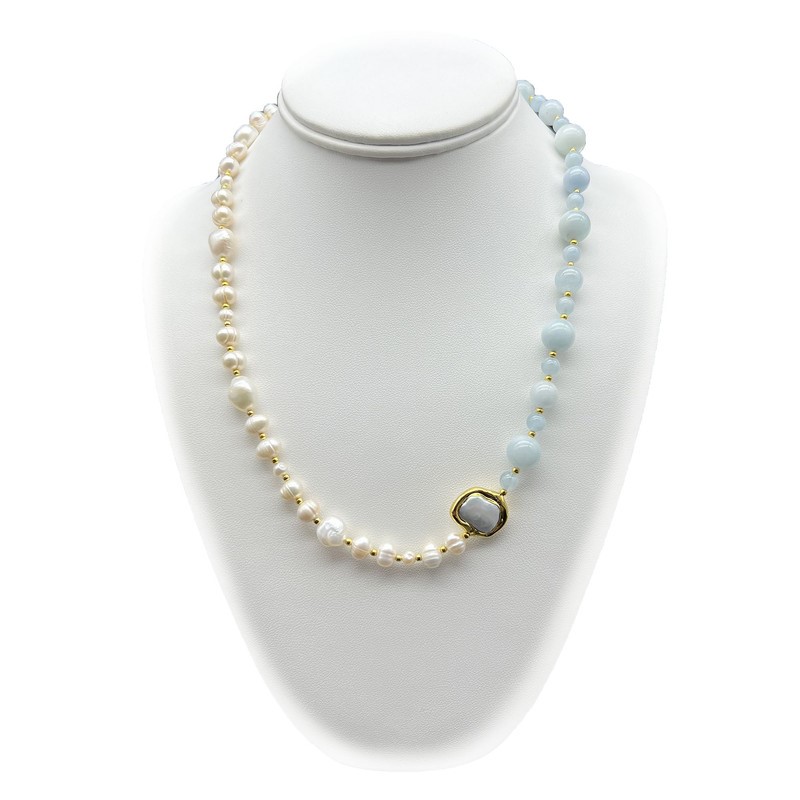 Pearl Flat Edge Baroque, Pearls & Aquamarine 18k Gold Plated Necklace ...