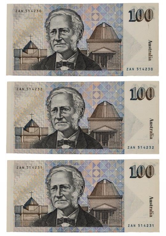 3 x 1984 Australian $100 paper note bills w/ obverse, Stone & Johnston ...