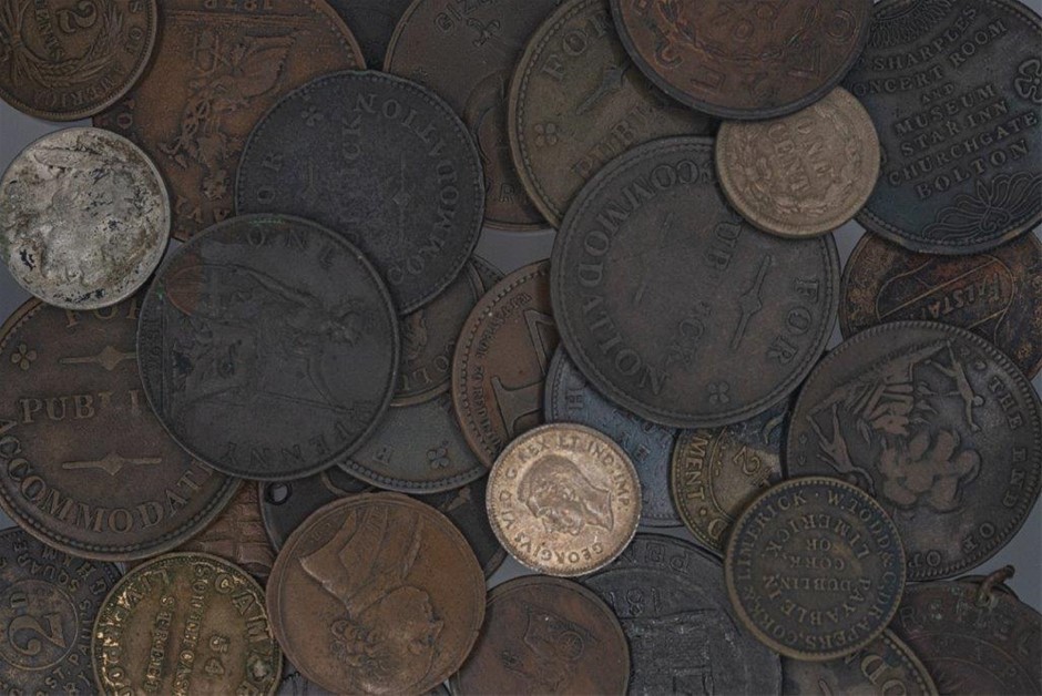 33 x asstd World Coins/Checks/Tokens. Cir 1830-1864 in copper & bronze ...