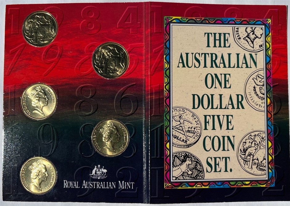 Australian One Dollar Five Coin Set - 1984, 1985, 1986, 1988, 1992 ...