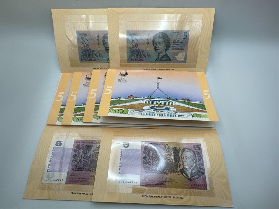 6 x Dual $5 paper & polymer note pack. Fraser & Cole w/ first & last ...