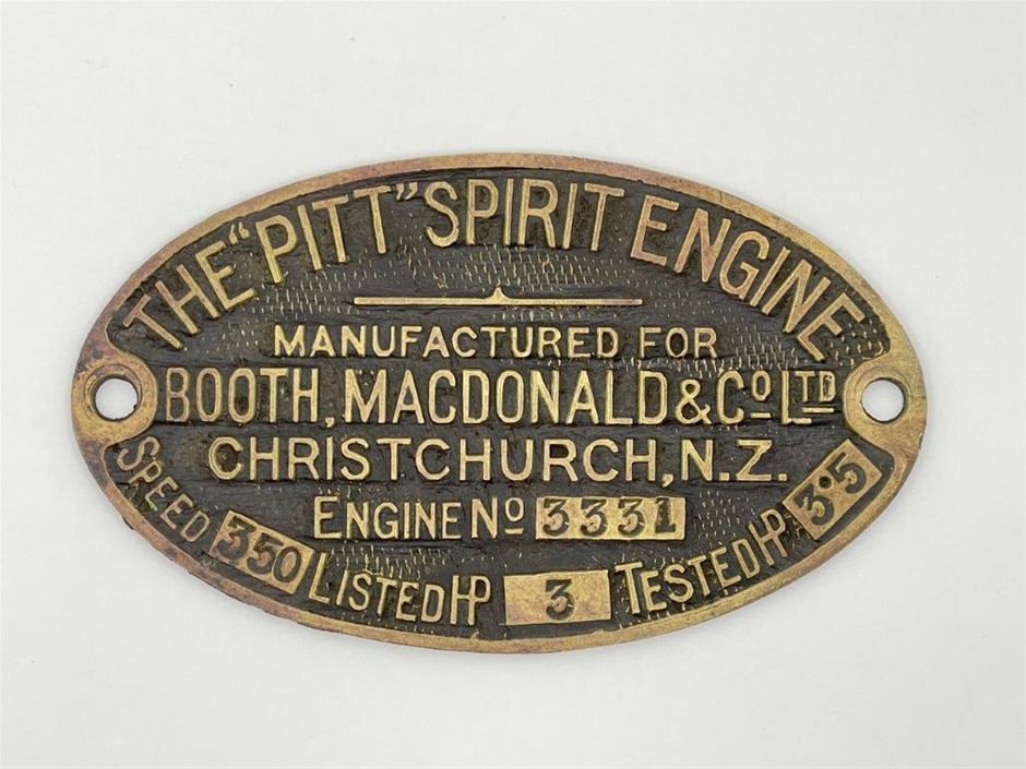 1907 NZ The Pitt Spirit Engine Plaque Cast Uniface In Brass Auction ...